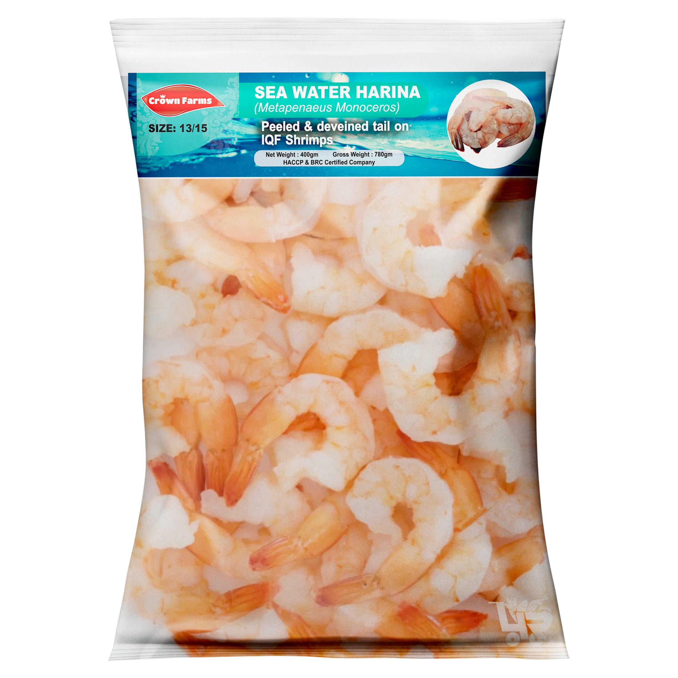 Crown Farms Sea Water Harina Peeled & Deveined Tail on IQF Shrimps 400g ...