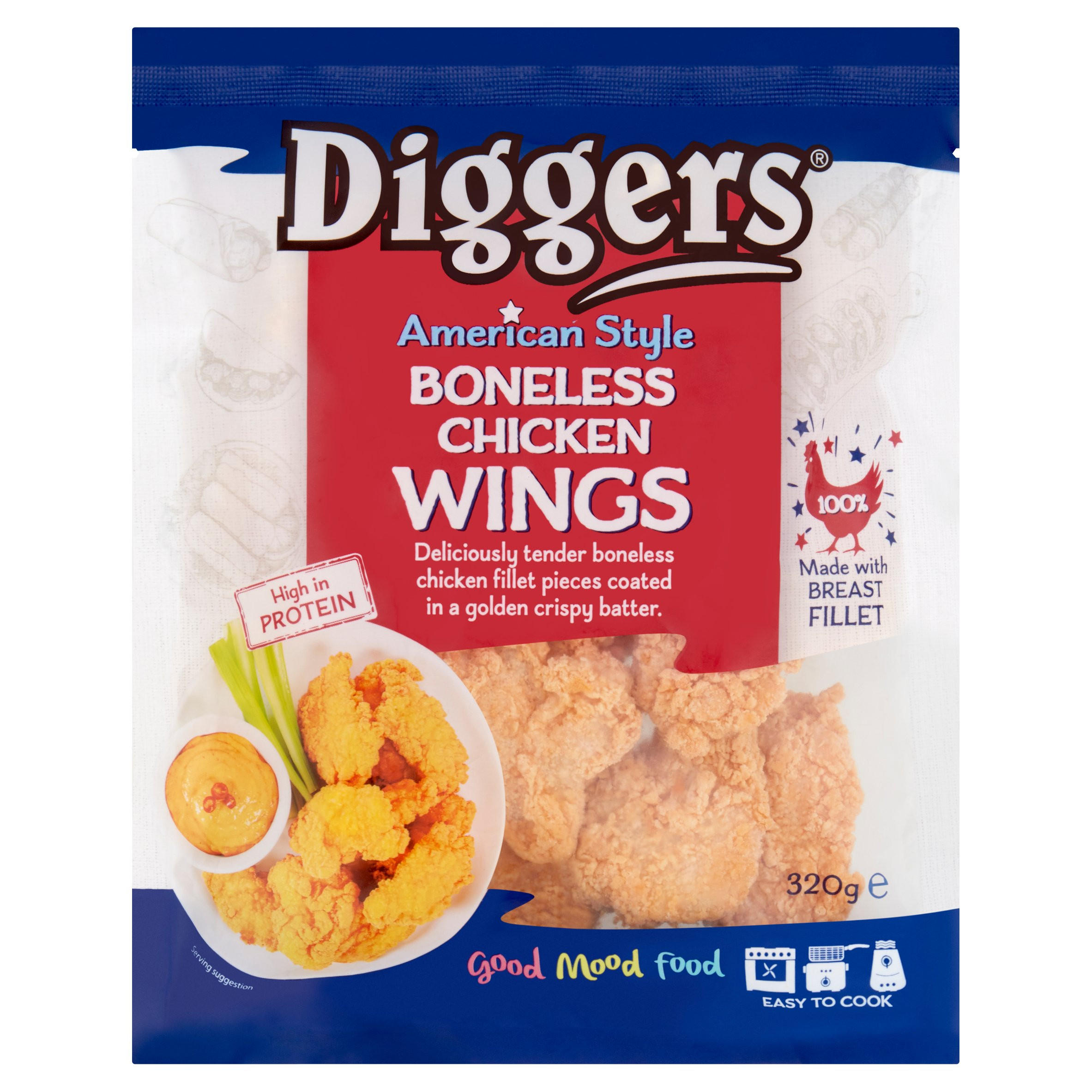Diggers American Style Boneless Chicken Wings 320g | Breaded & Battered ...