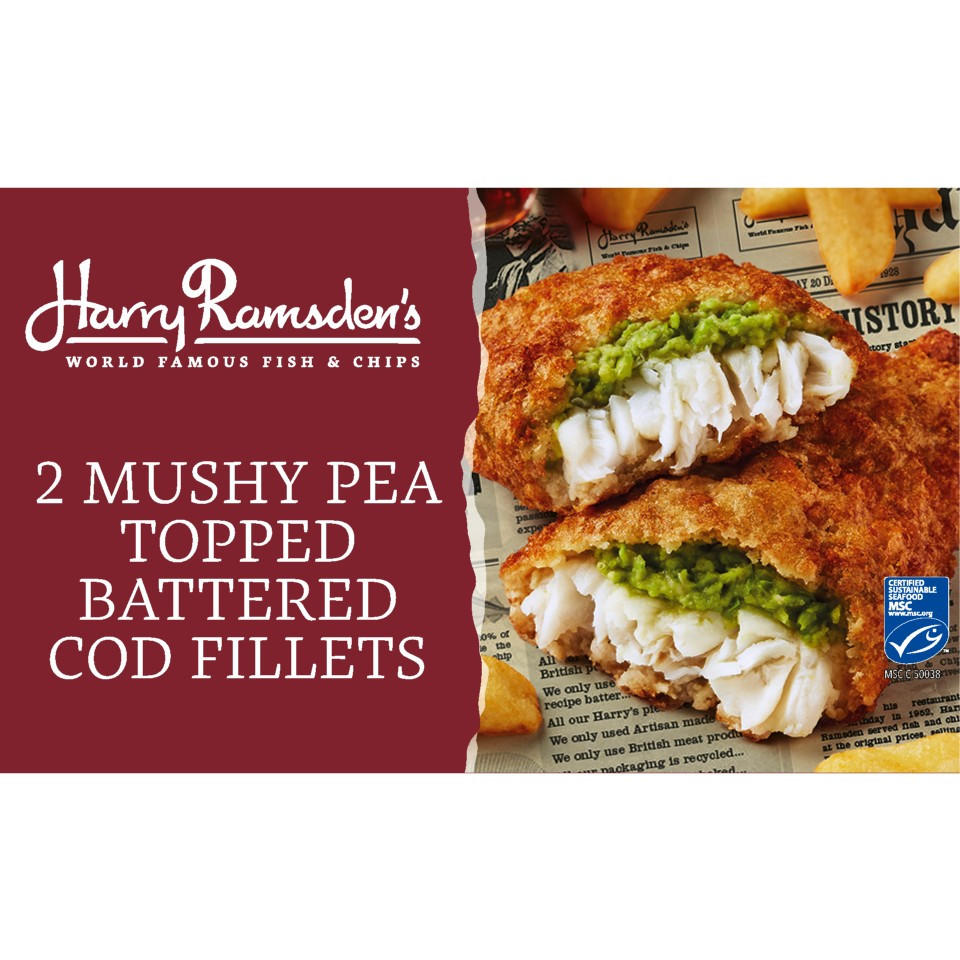 Harry Ramsdens 2 Mushy Pea Topped Battered Cod Fillets 360g | Battered ...