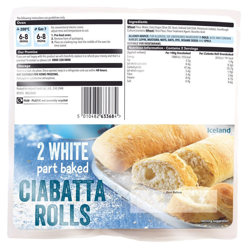 Iceland 2 White Part Baked Ciabatta Rolls 150g | Rolls & Part Baked ...