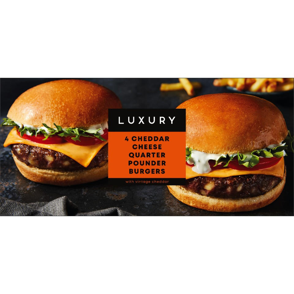Iceland Luxury 4 Quarter Pounder Burgers with Vintage Cheddar Cheese ...