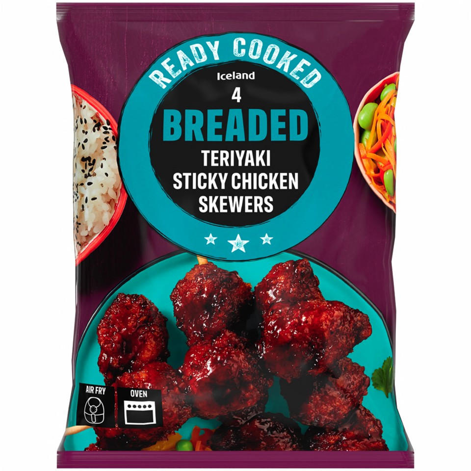 Iceland Ready Cooked 4 Breaded Teriyaki Sticky Chicken Skewers 340g ...
