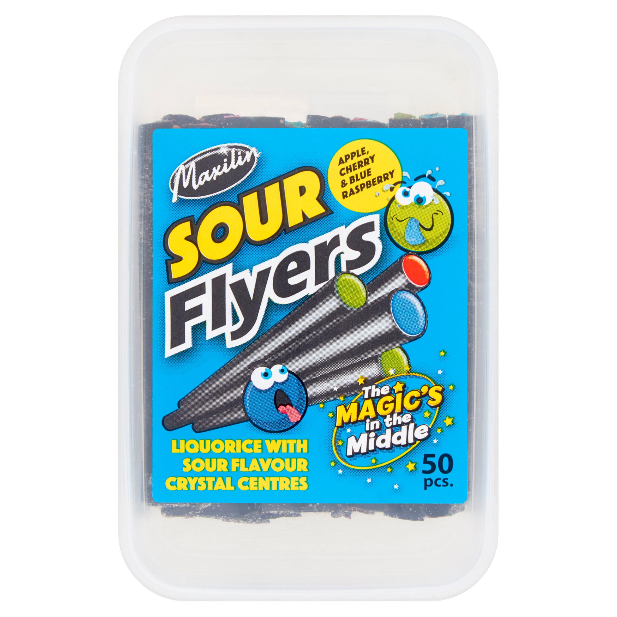 Maxilin 50 Sour Flyers Apple, Cherry & Blue Raspberry 555g | Sweets ...