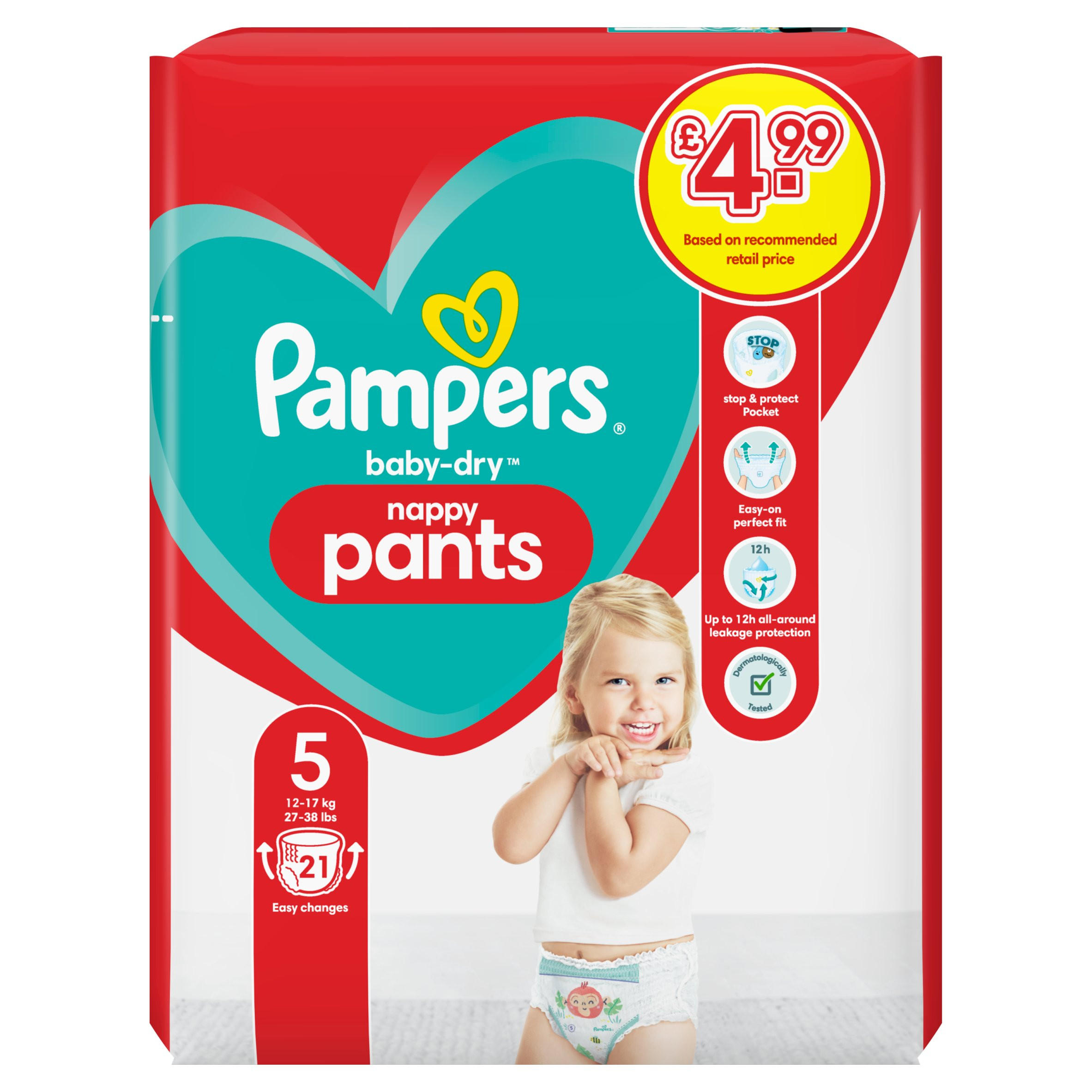 Pampers Baby Dry Nappy Pants Size 5 21 Nappies 12kg 17kg Carry Pack Pampers Baby Dry Nappy Pants Size 5 21 Nappies 12kg 17kg Carry Pack