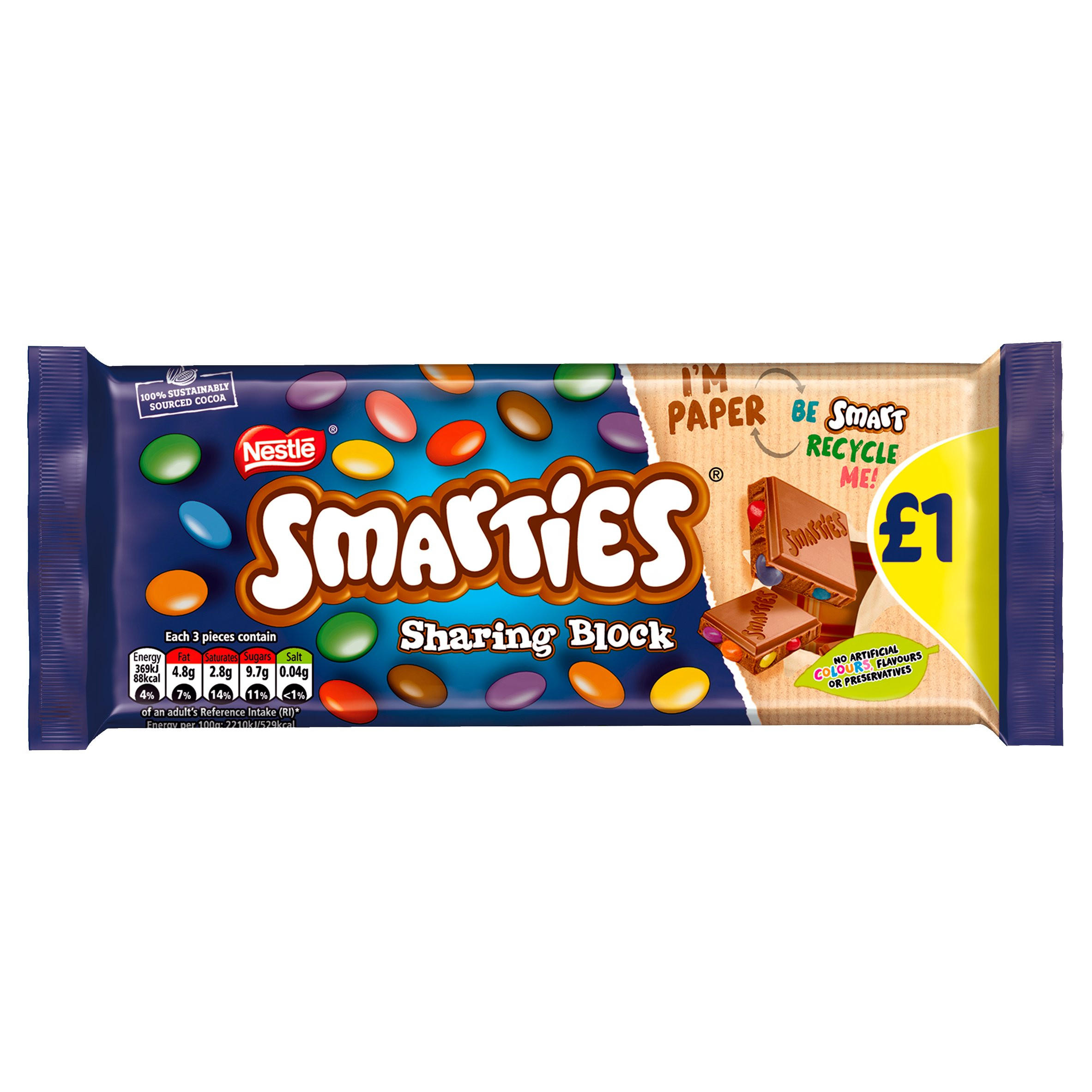 Smarties Milk Chocolate Sharing Bar 100g PMP £1 | Single Chocolate Bars ...