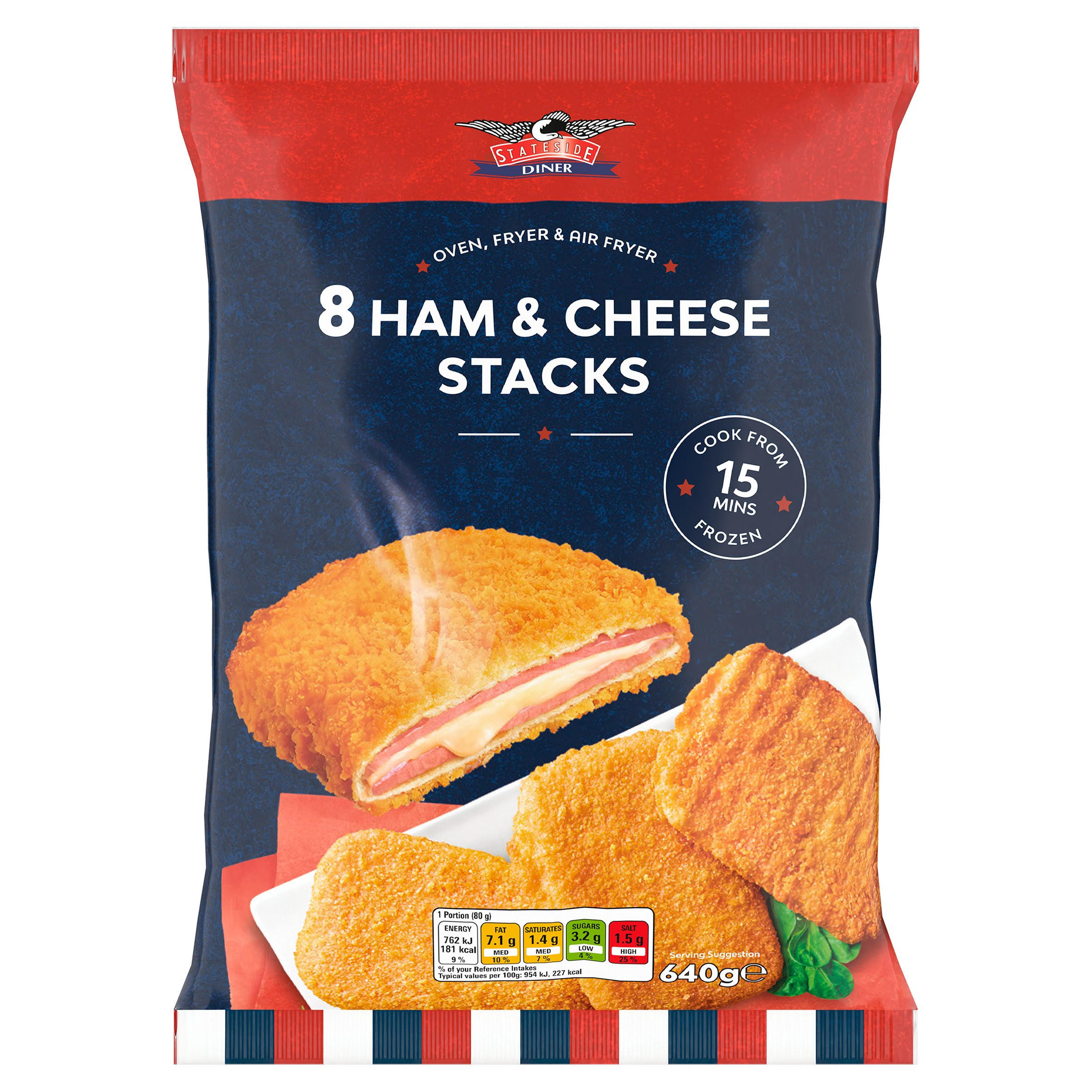Stateside Diner 8 Ham & Cheese Stacks 640g | Pork & Gammon | Iceland Foods