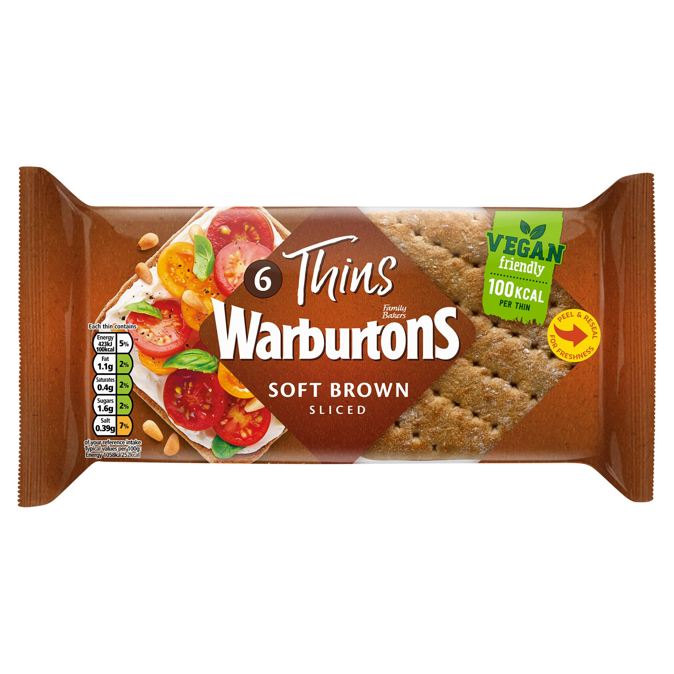 Warburtons Family Bakers 6 Thins Soft Brown Sliced | Wraps, Bagels ...