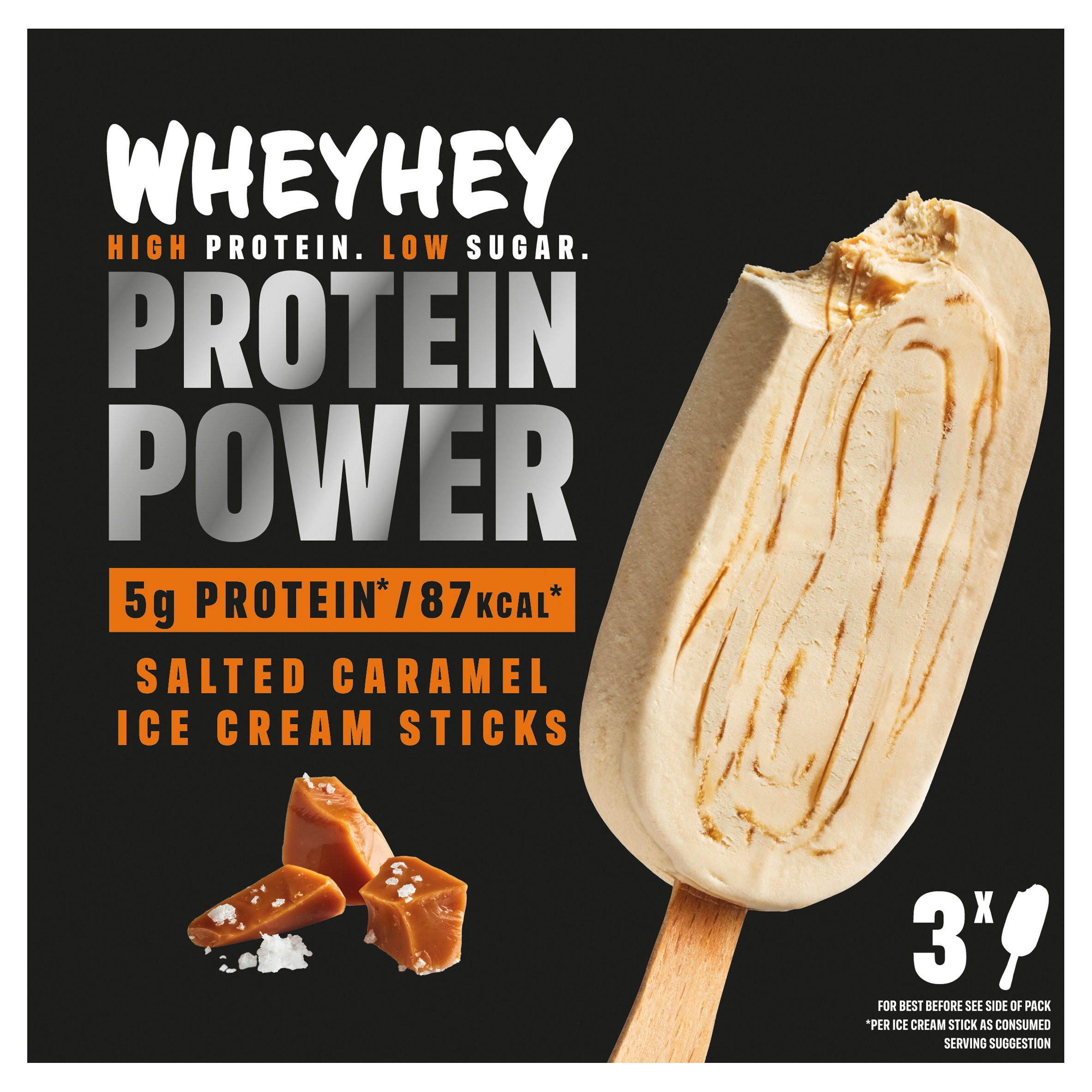 Wheyhey Protein Power Salted Caramel Ice Cream Sticks 3 x 60g (180g ...
